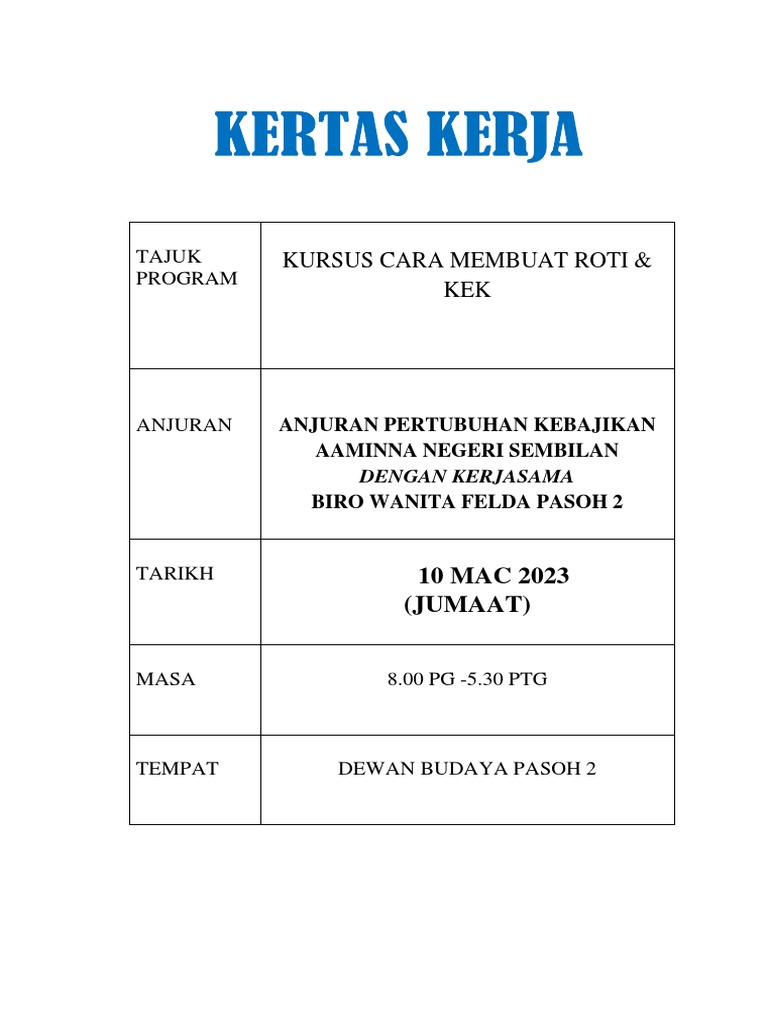 KERTAS KERJA KURSUS ROTI DAN BAKERI | PDF