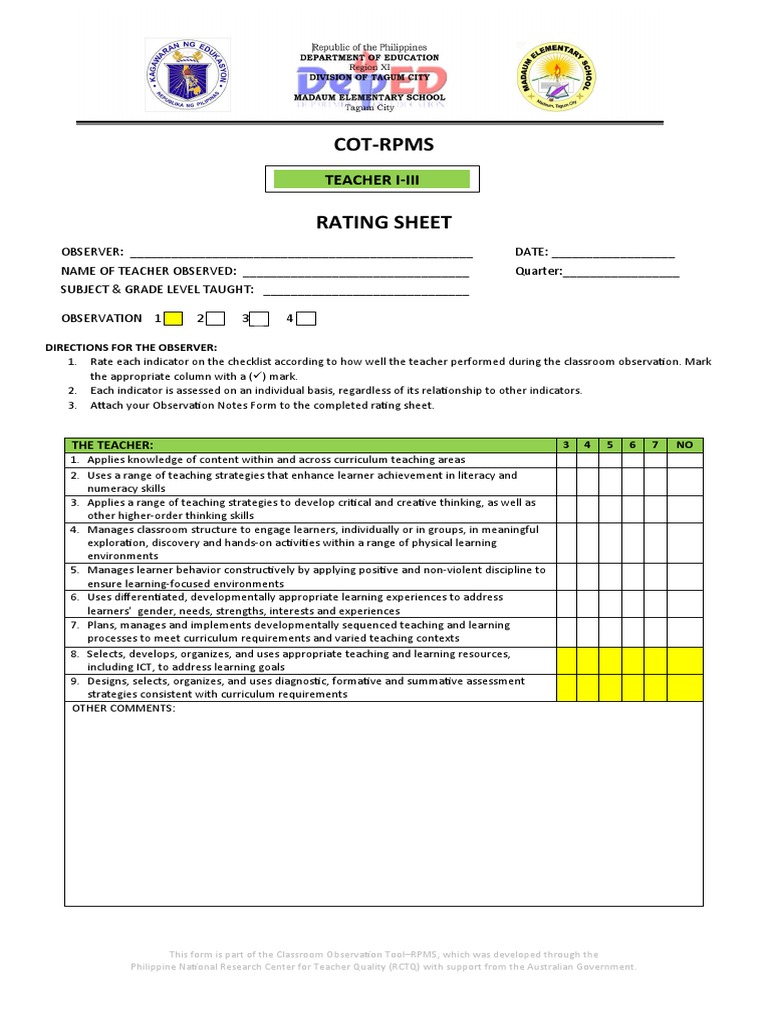Teacher Observation Rating Sheet | PDF | Learning | Curriculum