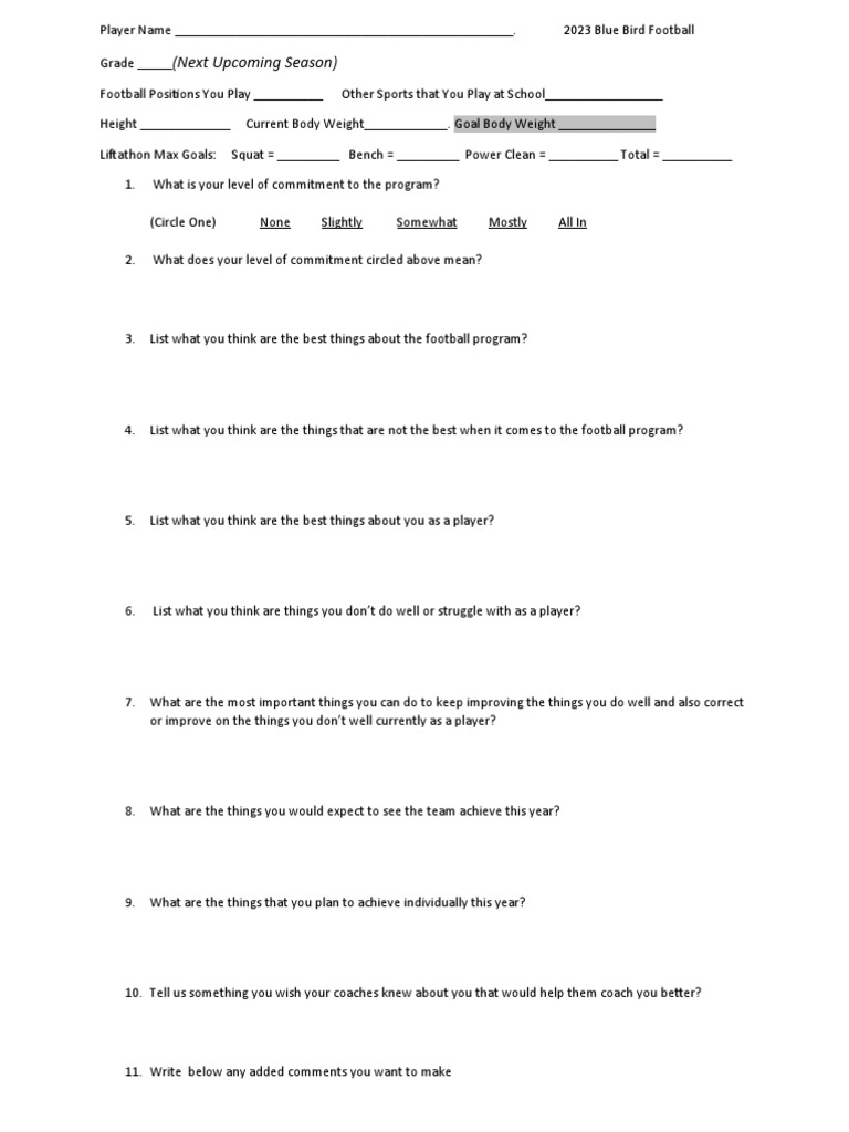 Football Player Self-Assessment Form | PDF | Sports & Recreation | Self ...