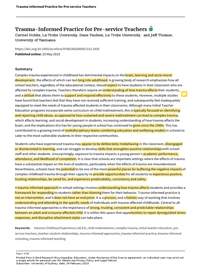 Hobbs, C., Paulsen, D., & Thomas, J. (2019) - Trauma-Informed Practice ...