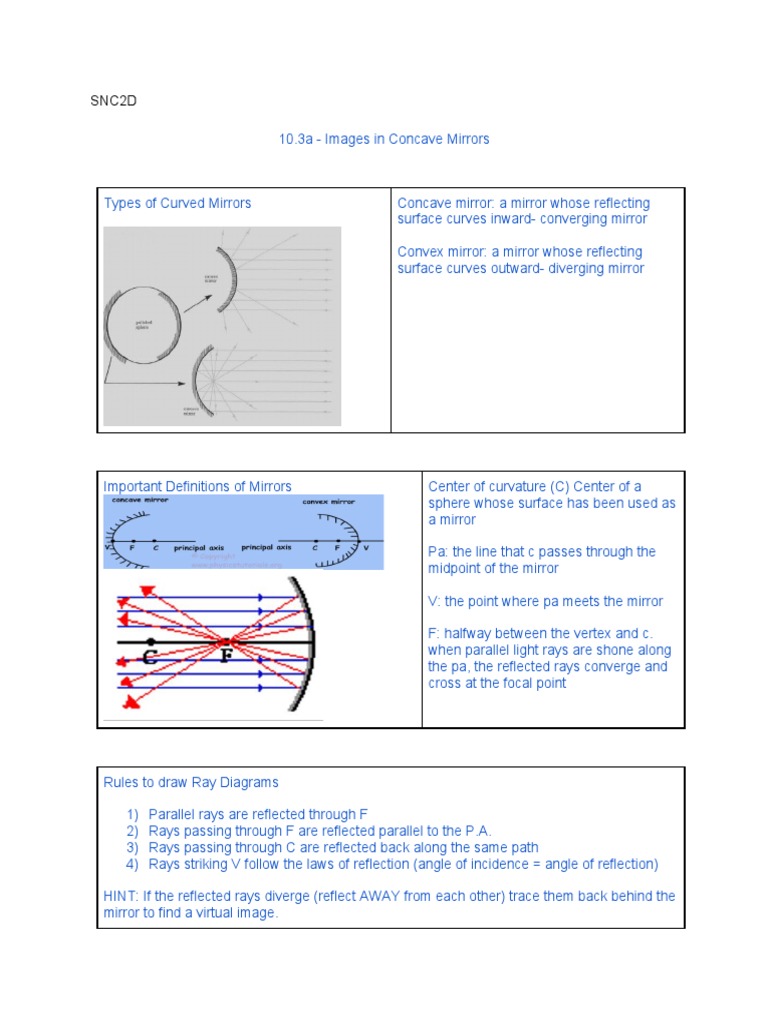 Eve Ross - 10.3a - Note - Images in Concave Mirrors | PDF | Mirror | Atomic