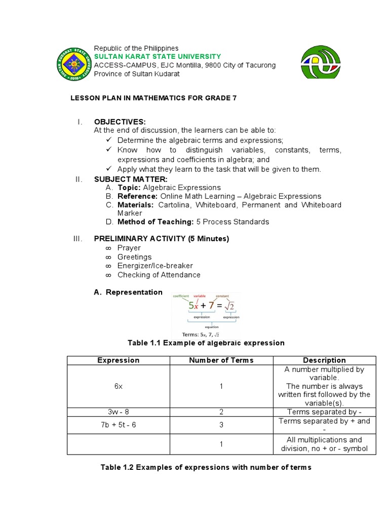 Grade 7 Algebraic Expressions Lesson Plan | PDF | Variable (Mathematics ...