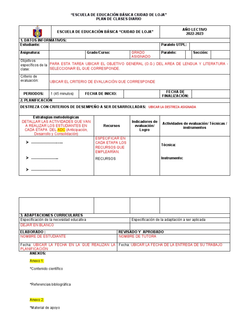 "Escuela de Educación Básica Ciudad de Loja" Plan de Clases Diario | PDF | Educación primaria ...