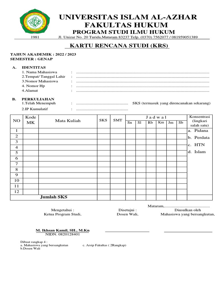 Format KRS Semester Genap Ta. 2022-2023 | PDF