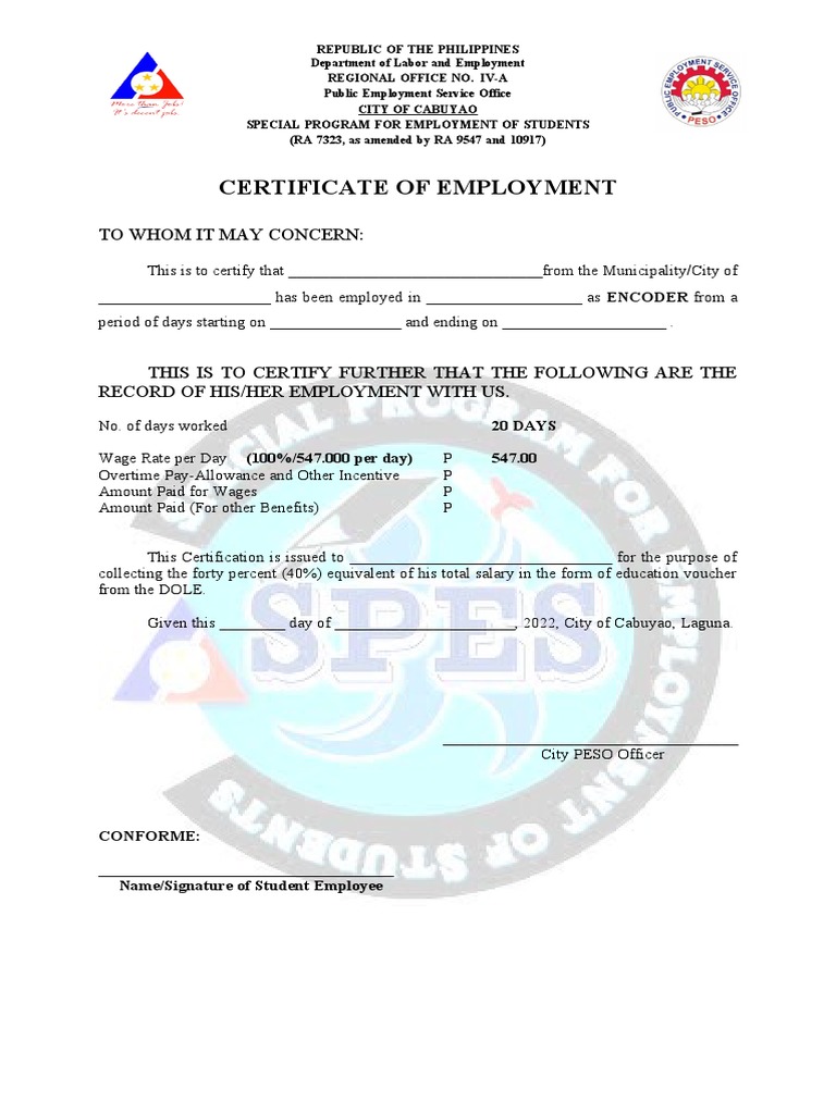 SPES Certificate of Employment Sample | PDF | Career & Growth | Business