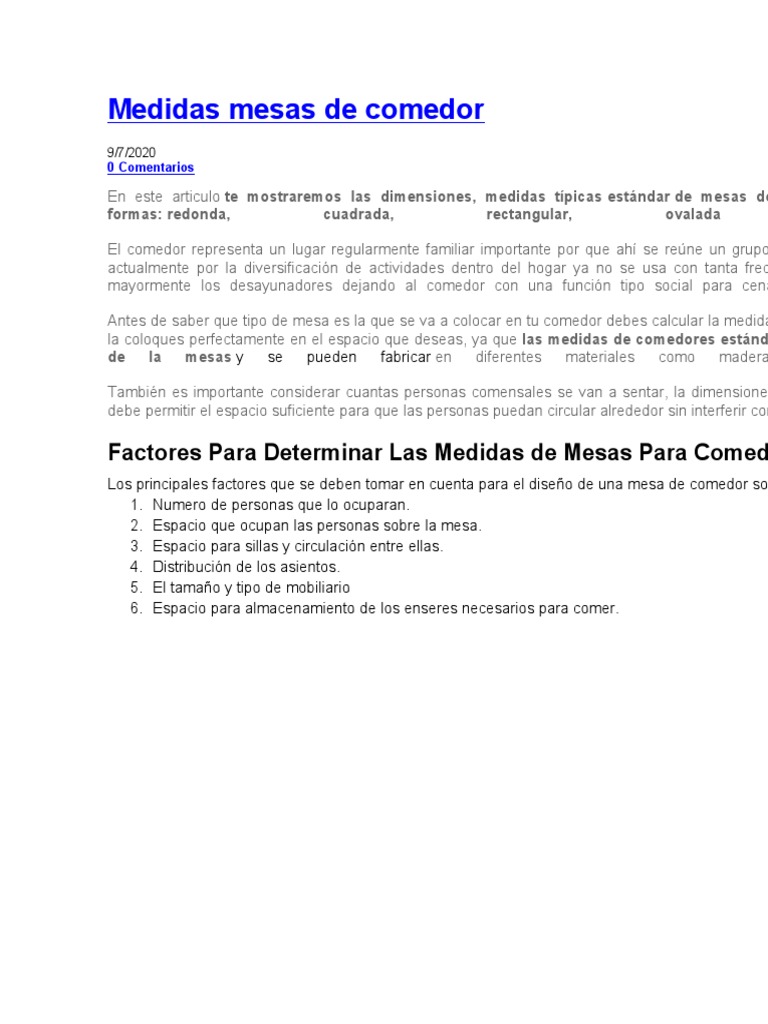 Medidas Mesas de Comedor | PDF