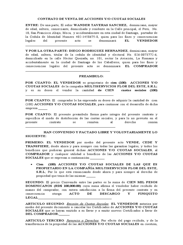 Venta Dde Acciones Flor Del Este | PDF | Compartir (Finanzas ...