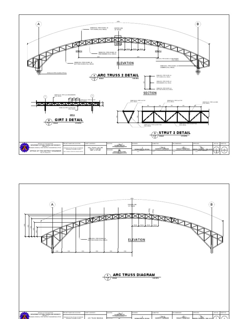Detailed drawings of arched steel truss components and connections ...
