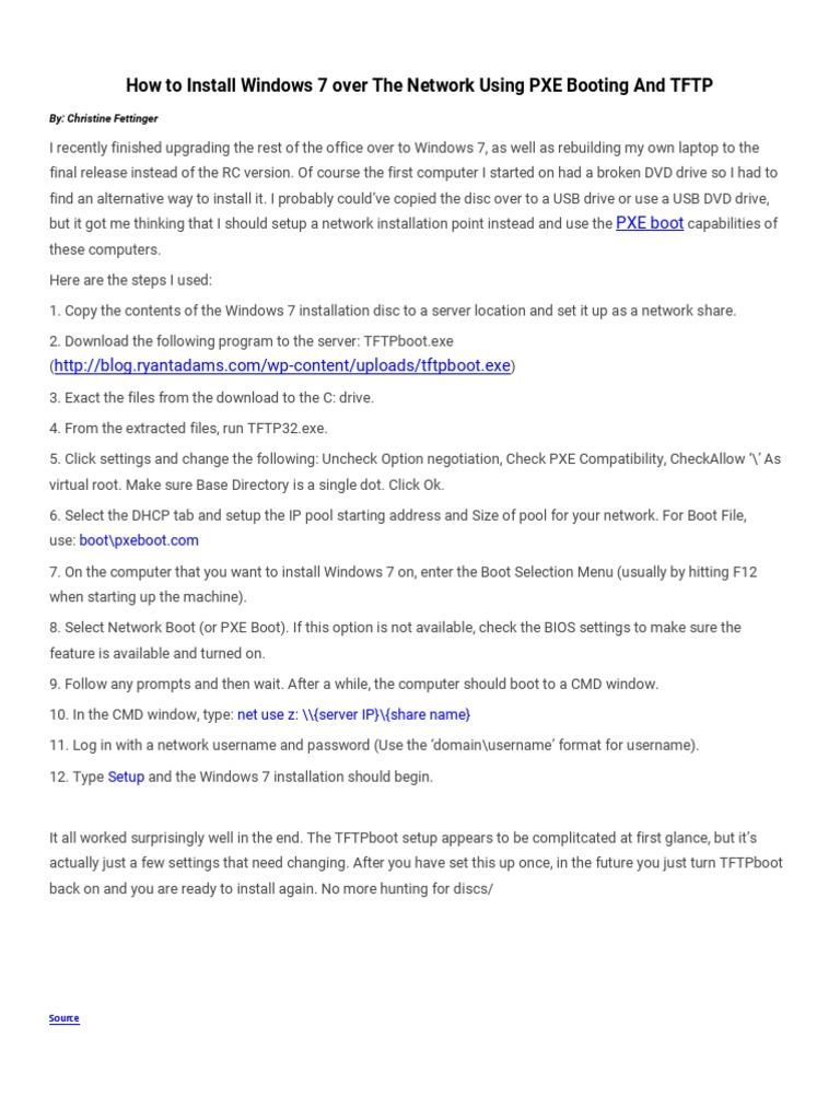 How To Install Windows 7 Over The Network Using PXE Booting and TFTP | PDF
