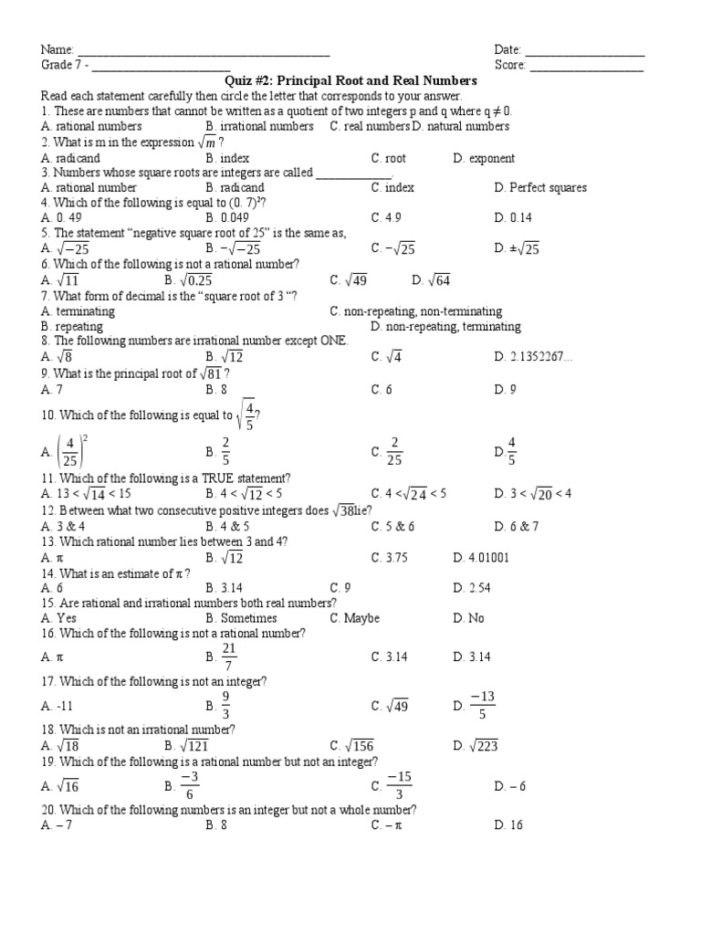 Grade 7 Math Quiz: Roots & Numbers | PDF | Square Root | Numbers