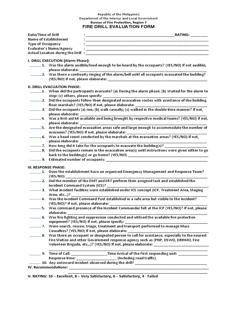 Fire Drill Evaluation Form: I. DRILL EXECUTION (Alarm Phase) | Download ...