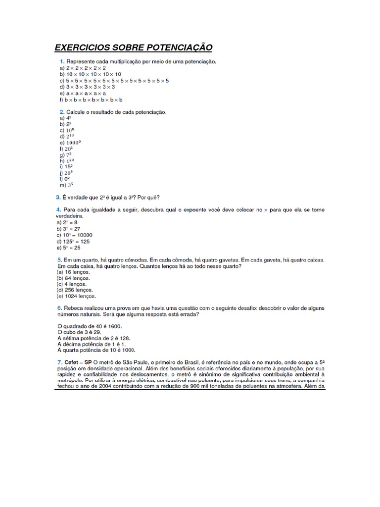 Potenciação: Exercícios Resolvidos | PDF