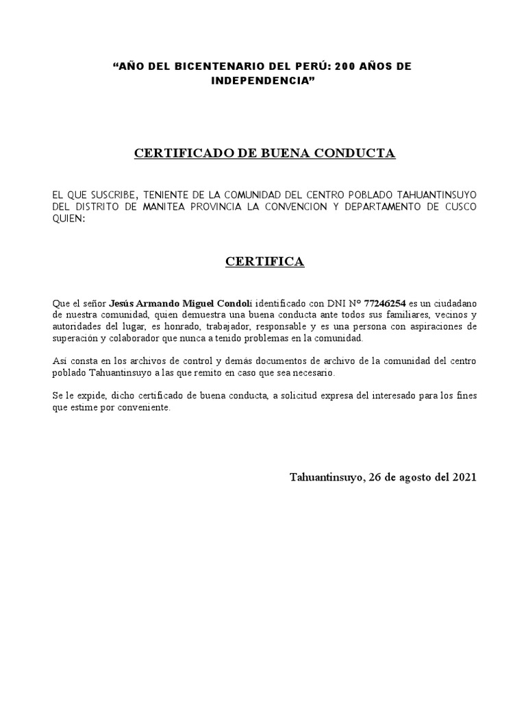 Certificado de Buena Conducta | PDF
