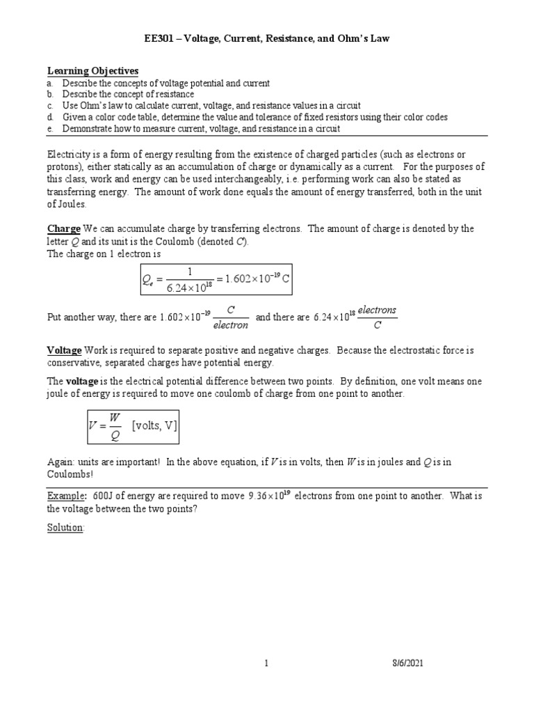 Voltage Current Resistance And Ohms Law Pdf Electric Current