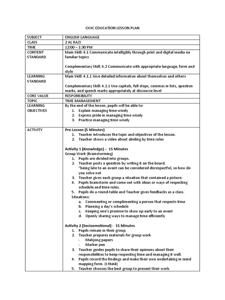 Civic Education Lesson Plan | PDF | Teachers | Communication