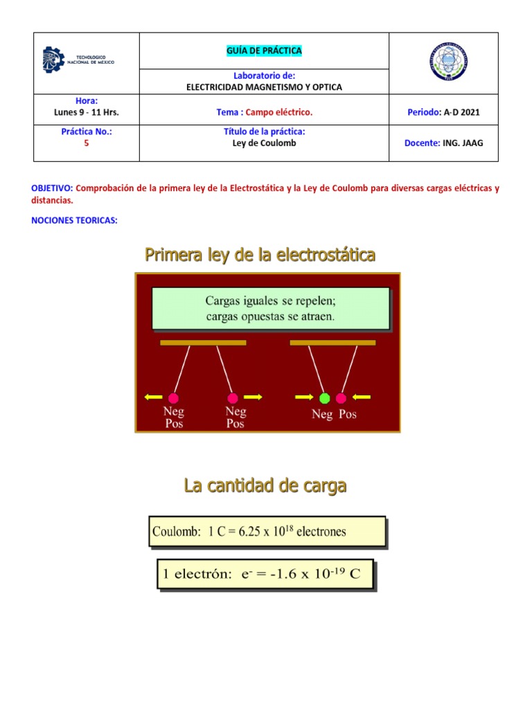 GUIA DE LA PRACTICA No.5 Ley de Coulomb TEMA 2 | PDF | Electrostática | Física teórica