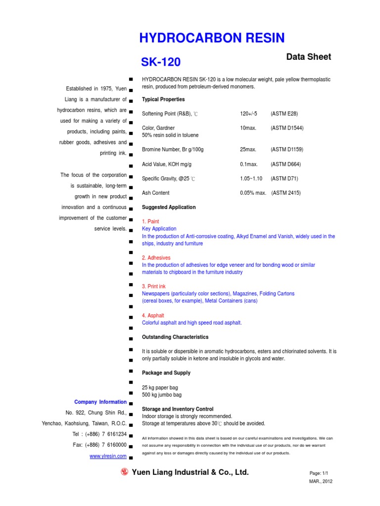 TDS - HYDROCARBON RESIN SK-120 - PETRORESIN SK-120 - en - 12 PDF | PDF ...
