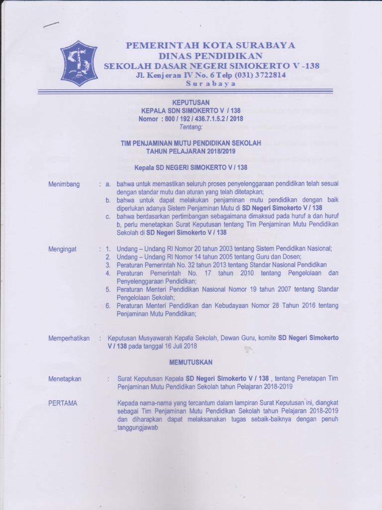 SK Tim Penjamin Mutu Sekolah | PDF