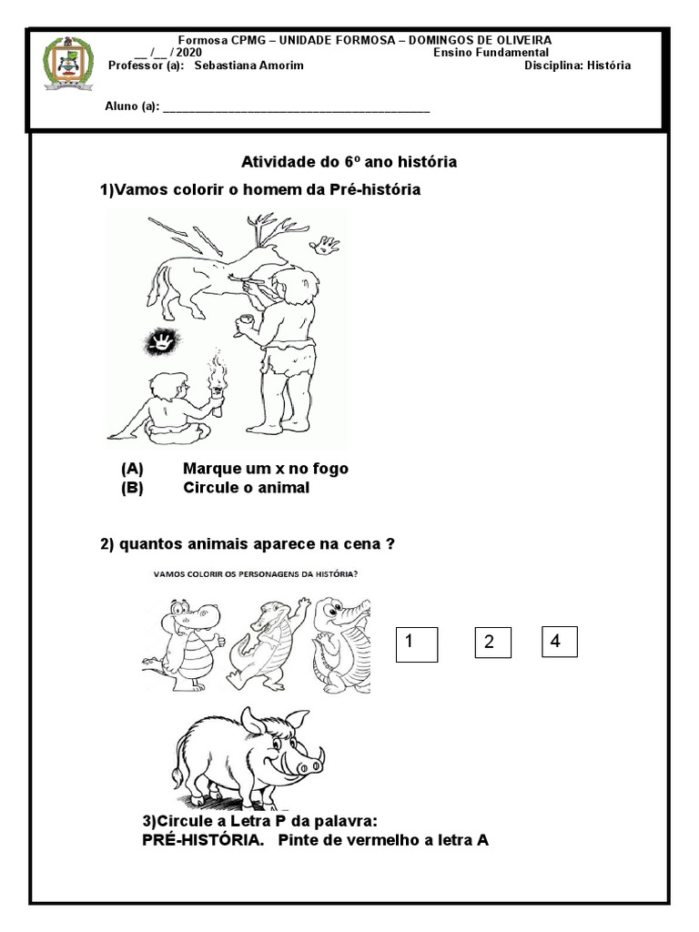 Atividade sobre a Pré-História para alunos do 6o ano do Ensino Fundamental | PDF