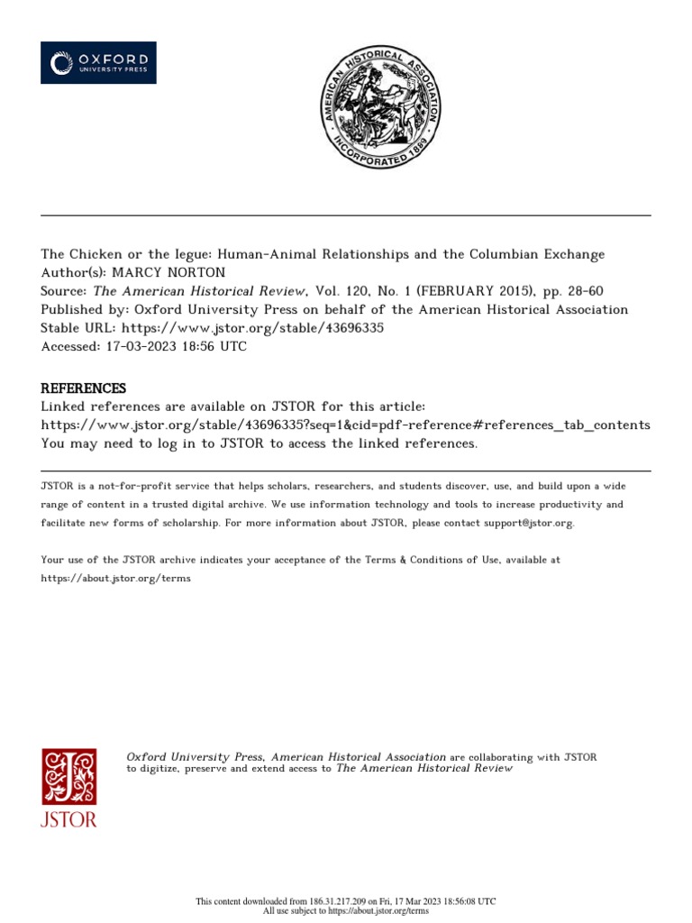 Human-Animal Relationships and The Columbian Exchange Norton M 2015 ...