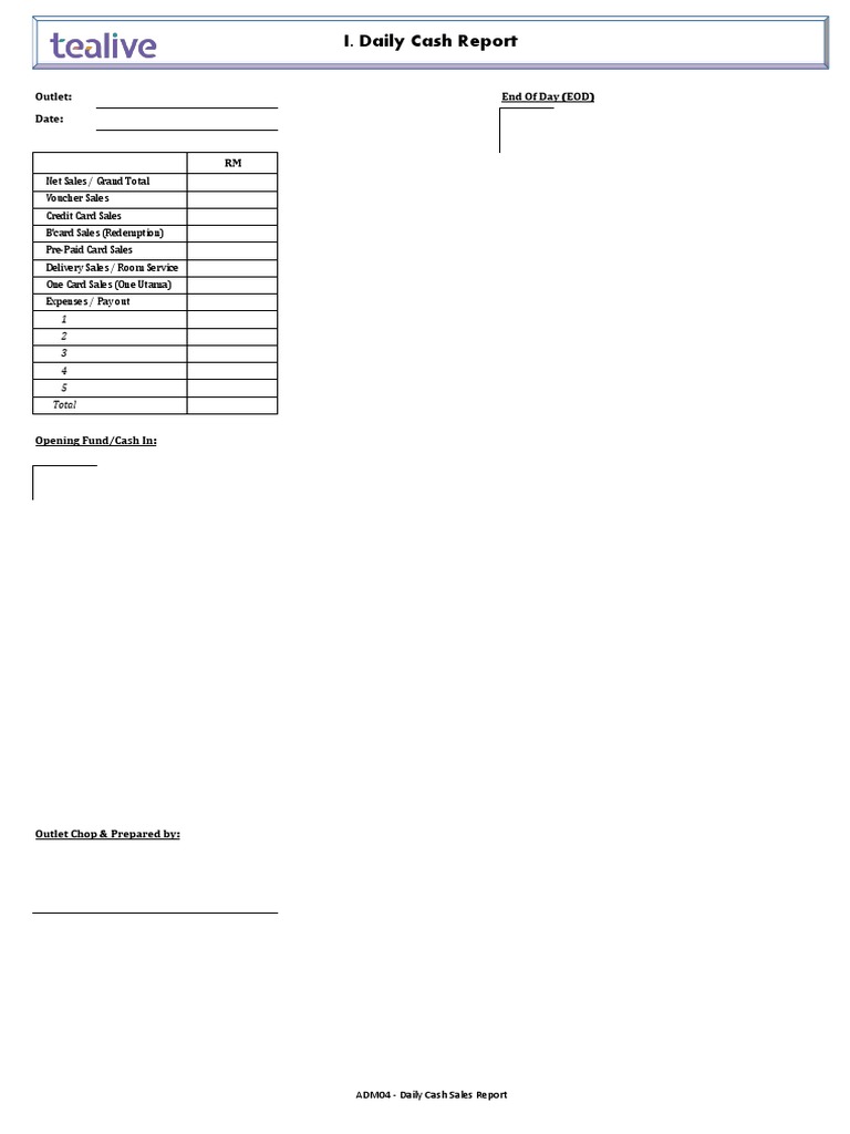 Daily Cash Sales Report Template | PDF | Cash | Credit Card