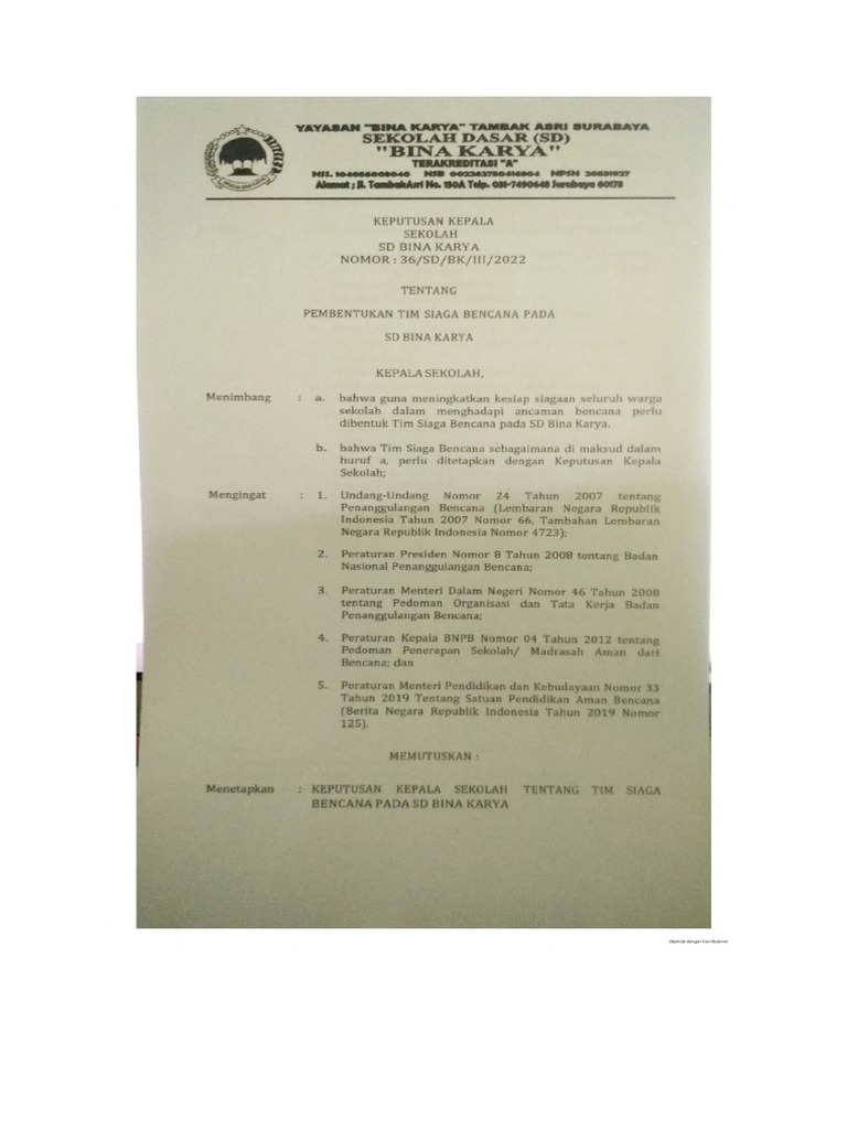 SK Tim Siaga Bencana SD Bina Karya 2022-2023 | PDF