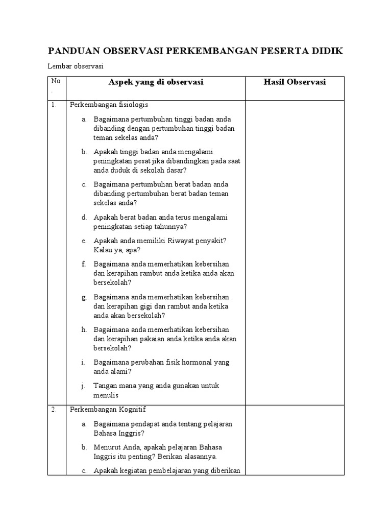 Panduan Observasi Perkembangan Peserta Didik: Aspek Yang Di Observasi ...