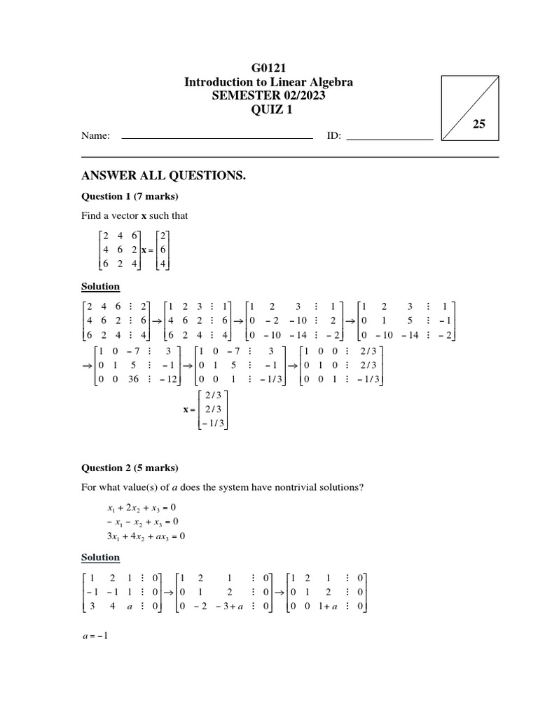 Quiz 1 Ques and Answer | PDF | System Of Linear Equations | Algebra