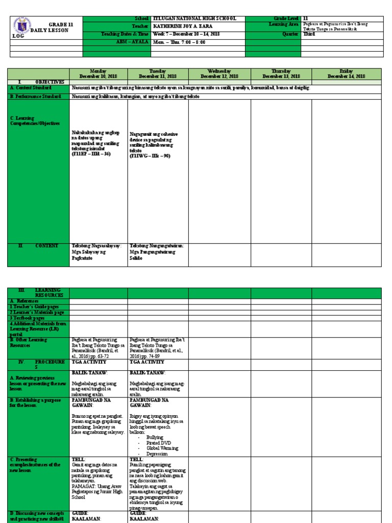 Grade 11 Daily Lesson LOG Mon. - Thu. 7:00 - 8:00: Pagbasa at Pagsusuri ...