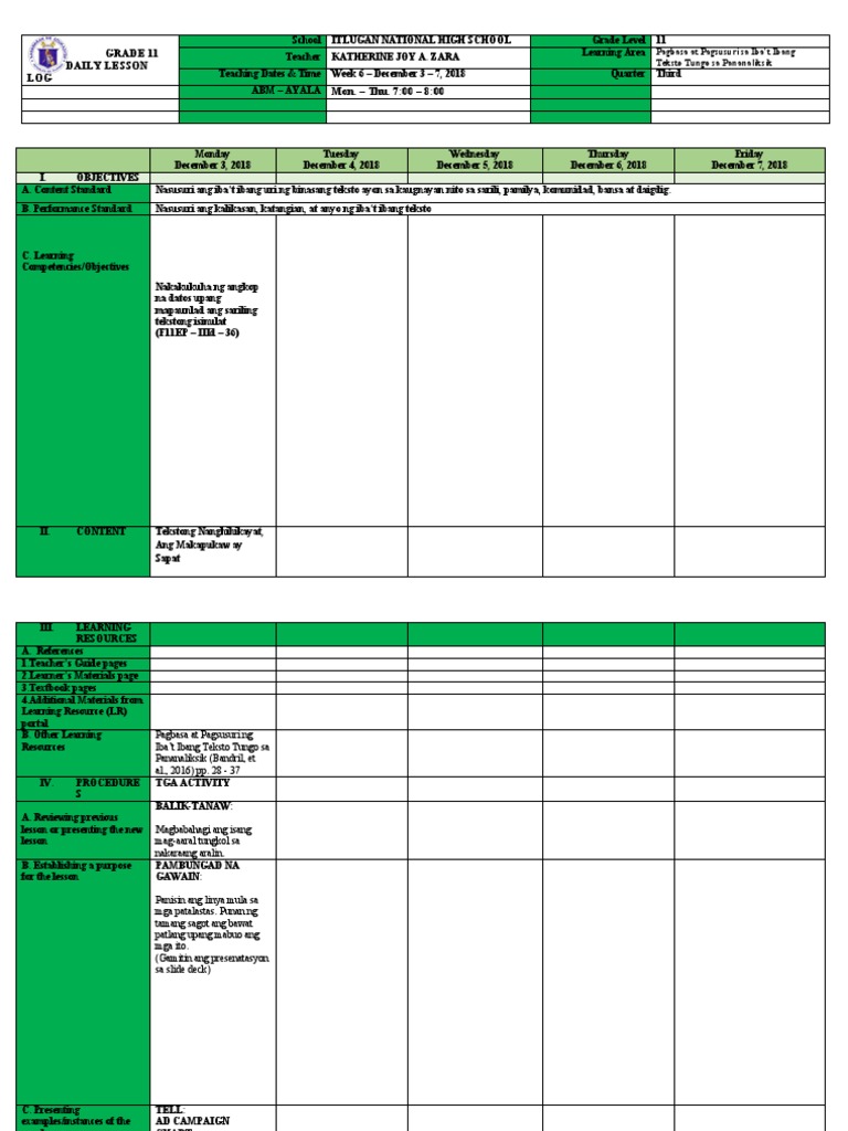 Grade 11 Daily Lesson LOG Mon. - Thu. 7:00 - 8:00: Pagbasa at Pagsusuri ...