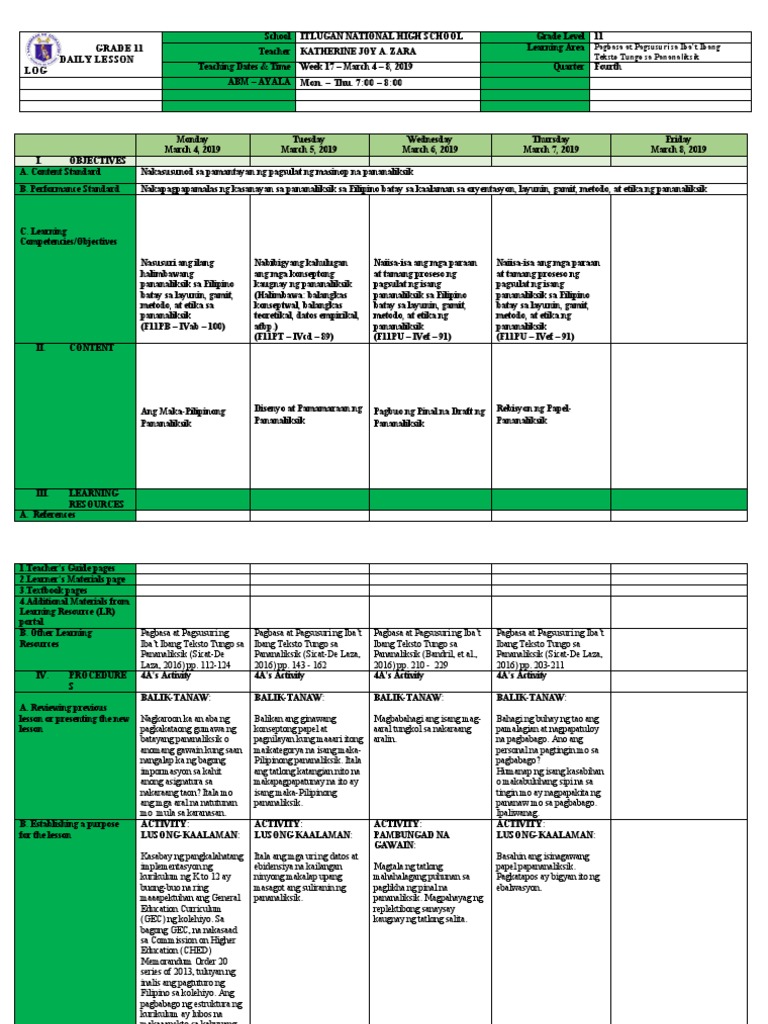 Grade 11 Daily Lesson LOG Mon. - Thu. 7:00 - 8:00: Pagbasa at Pagsusuri ...