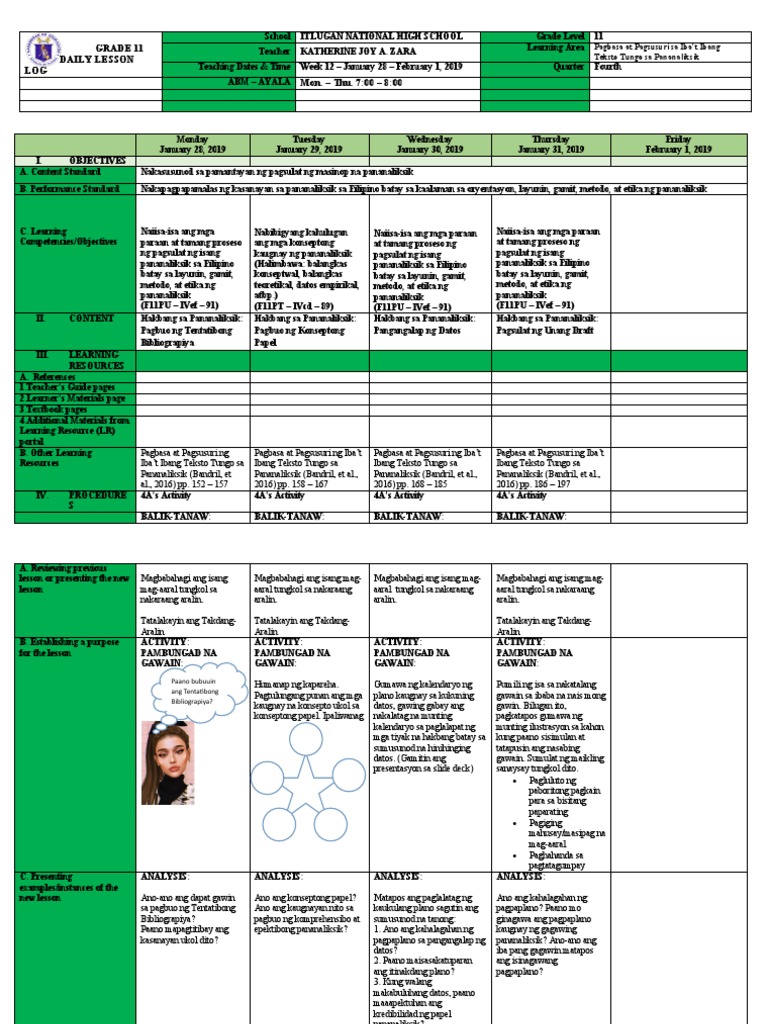Grade 11 Daily Lesson LOG Mon. - Thu. 7:00 - 8:00: Pagbasa at Pagsusuri ...
