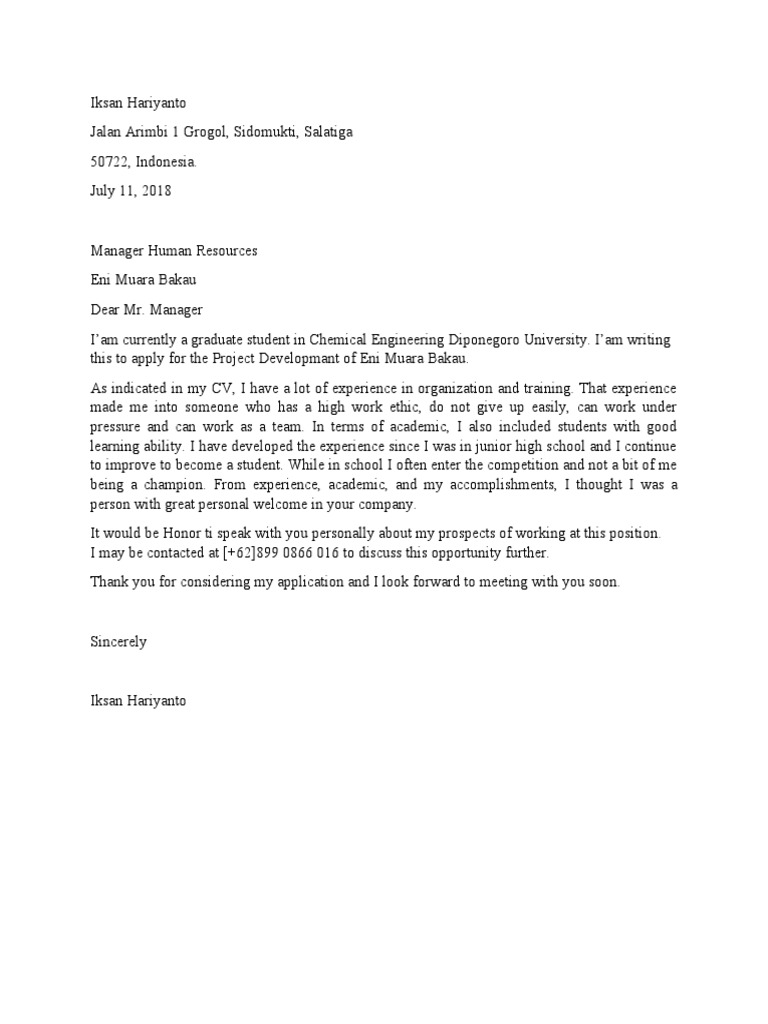 Application Letter Eni | PDF | Career & Growth