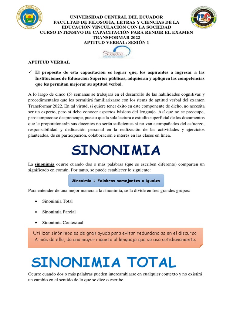 Sesión 1-Guía de Apredizaje. Sinónimos y Antónimos | PDF | Cognición ...