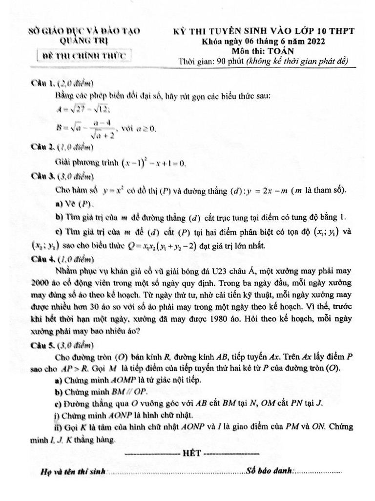 De Tuyen Sinh Lop 10 Mon Toan Nam 2022 2023 So GDDT Quang Tri PDF | PDF