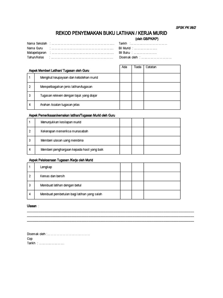 SPSK PK 06 - Rekod Semakan Buku Latihan | PDF