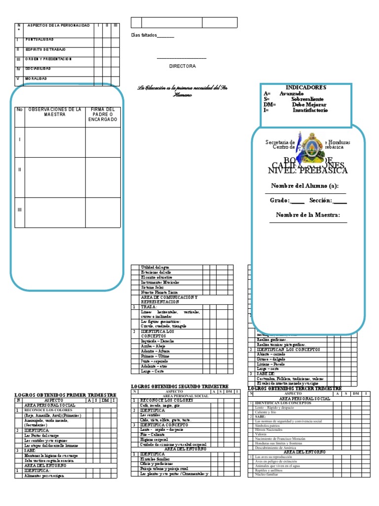 Boleta de Calificaciones Del Kinder | Descargar gratis PDF | Honduras