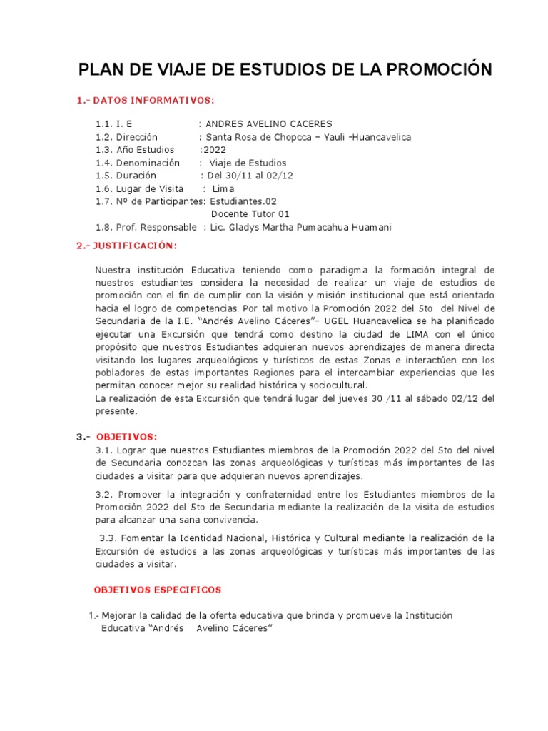 Plan de Excursion para Viaje de Promocion | PDF | Enseñando | Educación ...