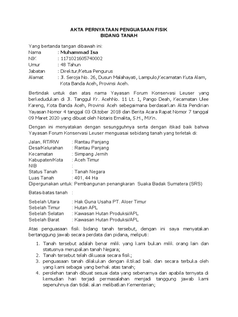 Akta Pernyataan Penguasaan Fisik Bidang Tanah | PDF