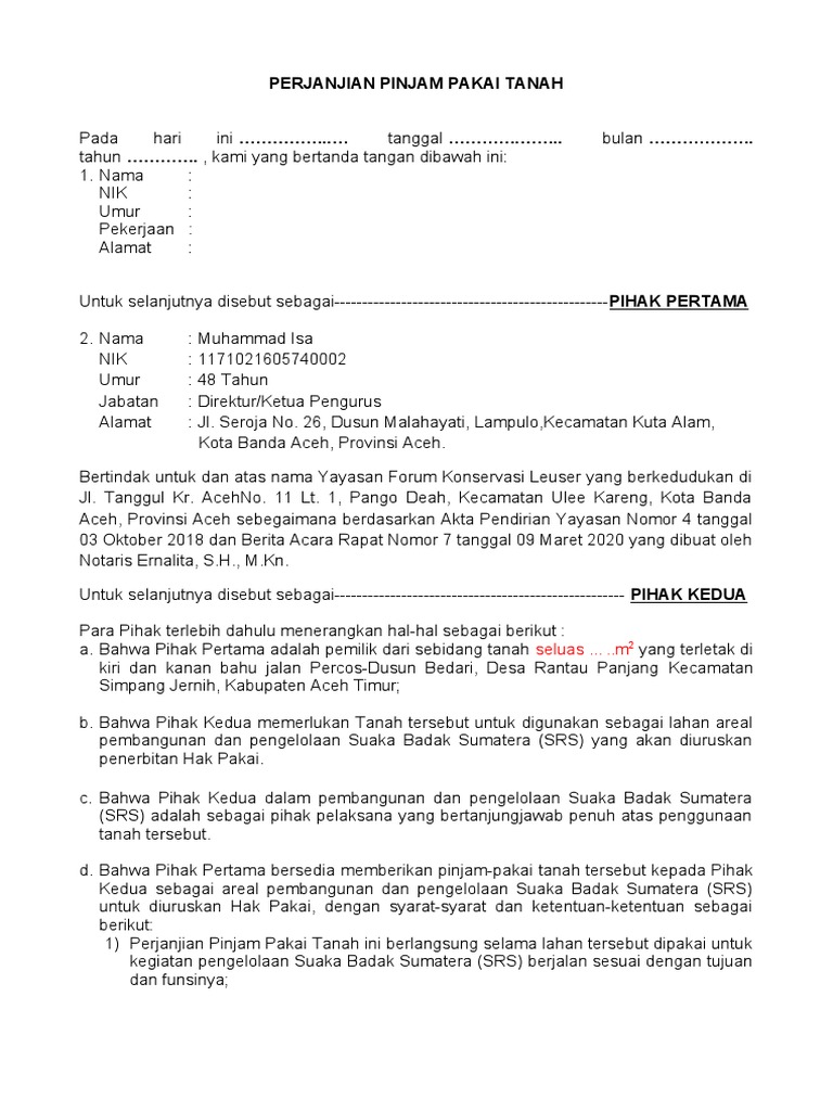 Draft PERJANJIAN PINJAM PAKAI TANAH | PDF