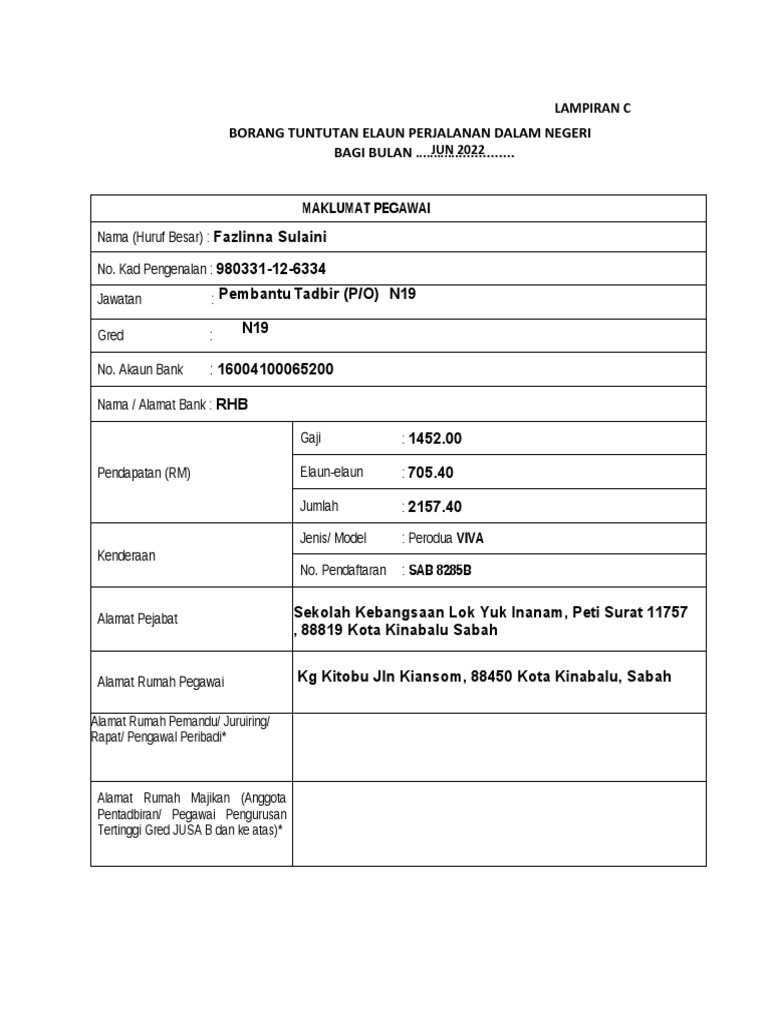 BORANG Tuntutan Perjalanan 2022 | PDF