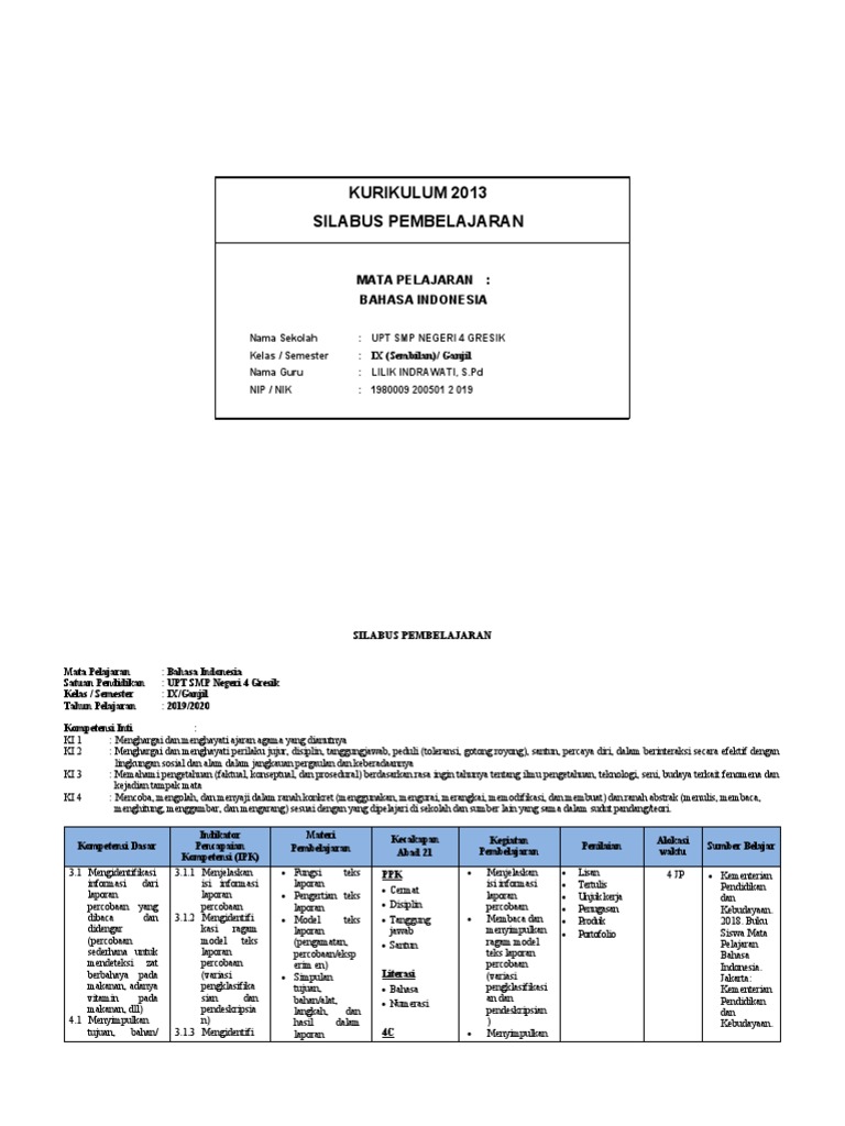 Silabus Bahasa Indonesia KLS 9 GANJIL | PDF