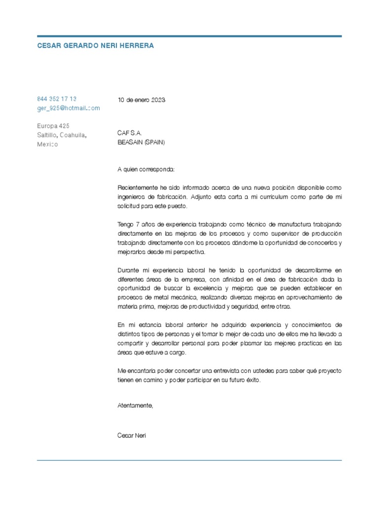 Carta de Presentacion CAF | PDF | Economias