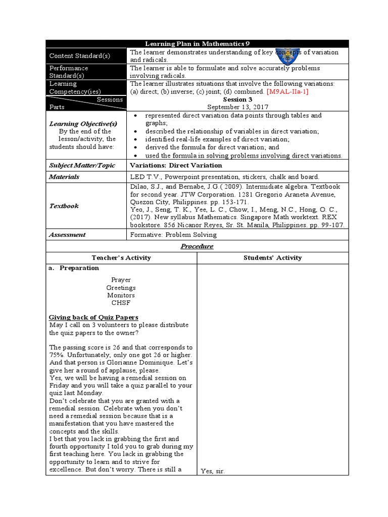 Day 4 - Direct Variation | PDF | Variable (Mathematics) | Equations