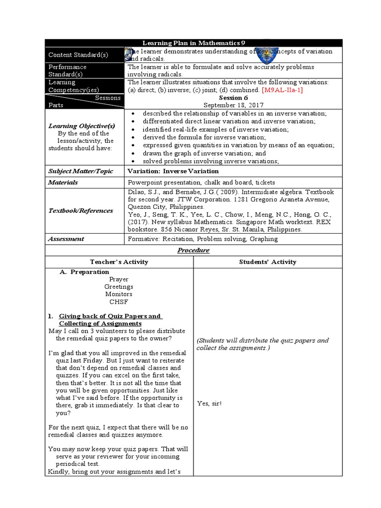 Day 7 Inverse Variation Pdf Equations Variable Mathematics
