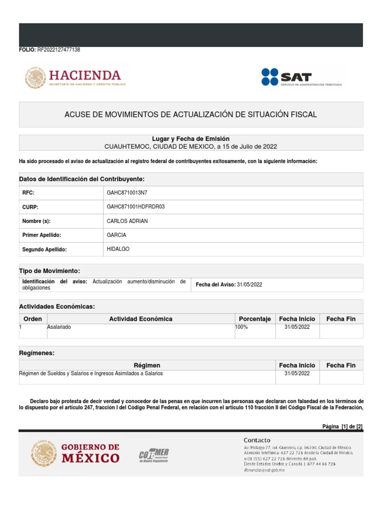 Acuse de Movimientos de Actualizacion de Situacion Fiscal | PDF ...