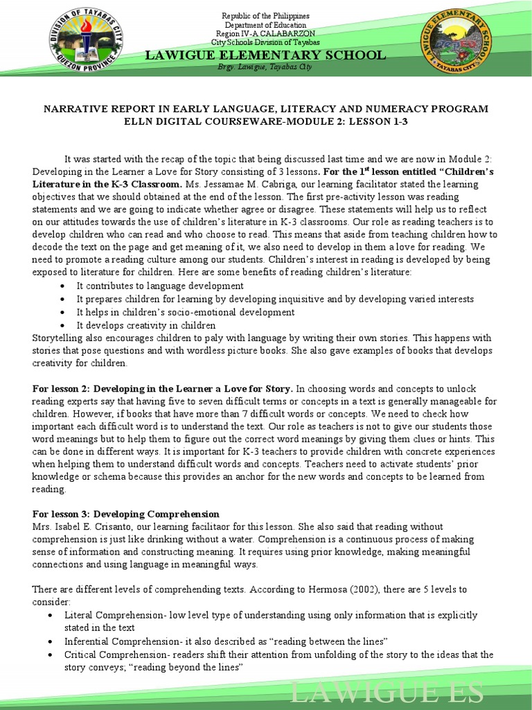 Narrative Report in Elln | PDF | Reading Comprehension | Teachers