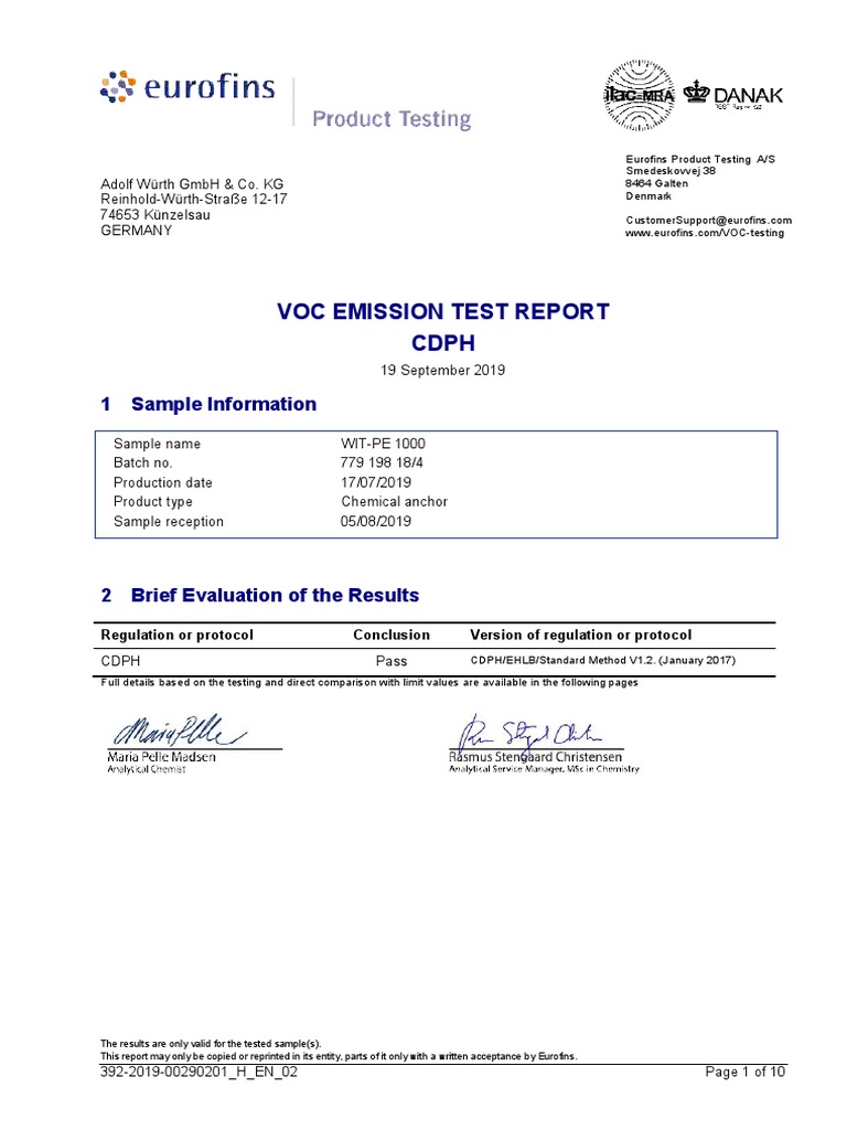 VOC Emission Test Report - Eurofins WIT-PE1000 | PDF | Volatile Organic ...