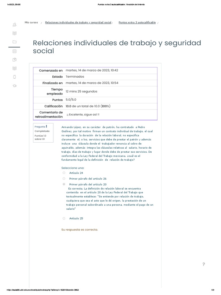 Relaciones Individuales de Trabajo Puntos Extra 3 Autocalificable - Revisión Del Intento | PDF