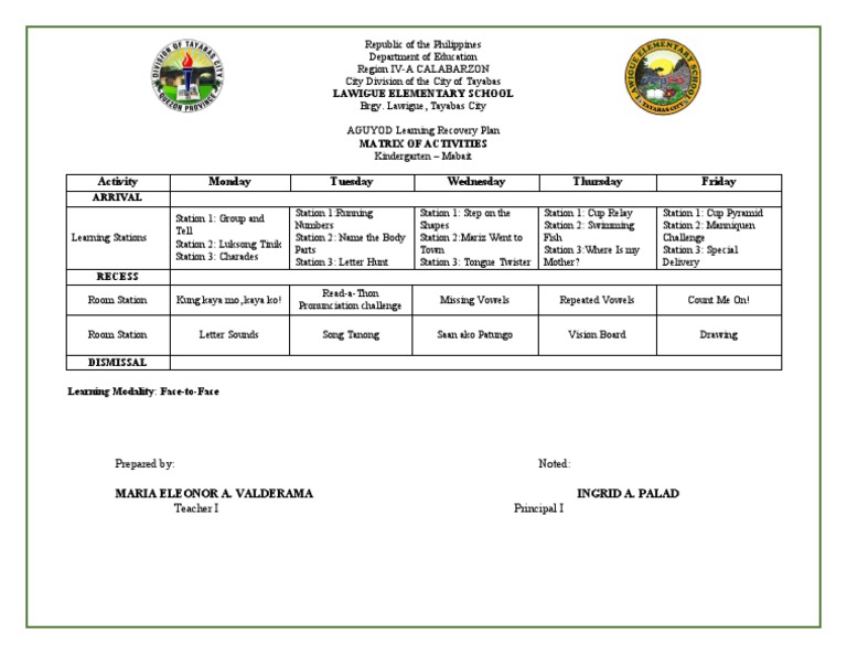 Weekly Learning Matrix for Kindergarten | PDF | Linguistics | Phonetics